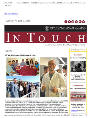 "Week of August 8, 2016" by New York Medical College